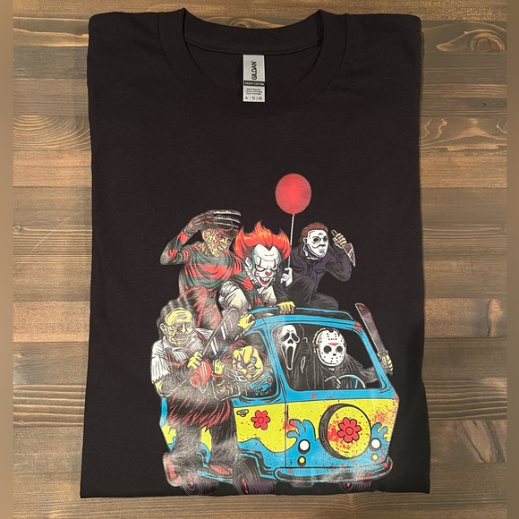 Gildan | Shirts | Mystery Machine Horror Movie Characters Black T Shirt ...